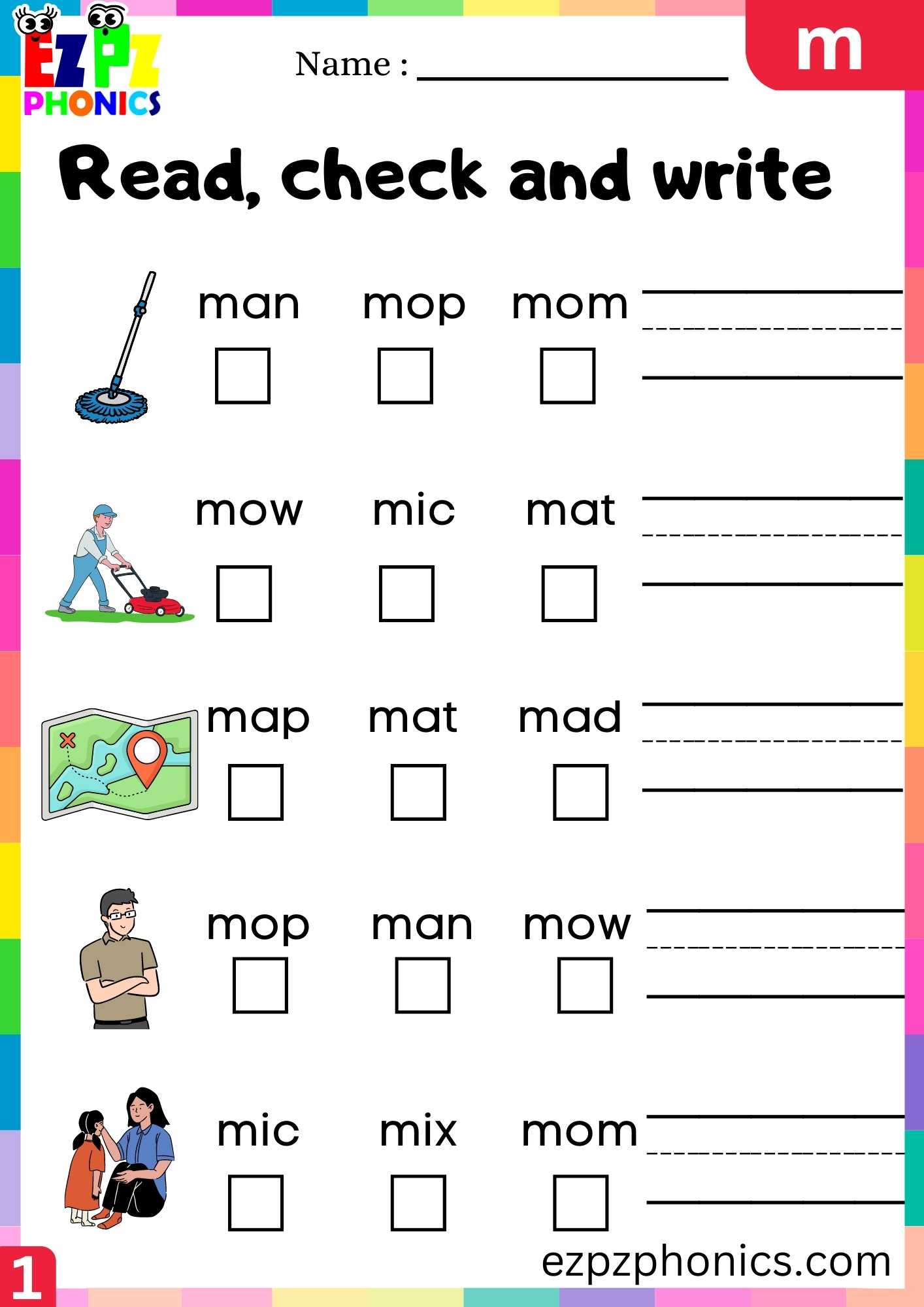 Letter M Read, Check And Write Beginning Sounds Worksheet - ezpzphonics.com